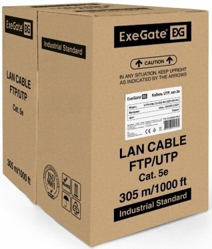 Кабель витая пара U/UTP 5e кат. 4 пары Exegate UTP4-C5e-CU-S25-IN-LSZH-GR-305 EX289281RUS медь, 25AWG, LSZH, бухта 305м, серый