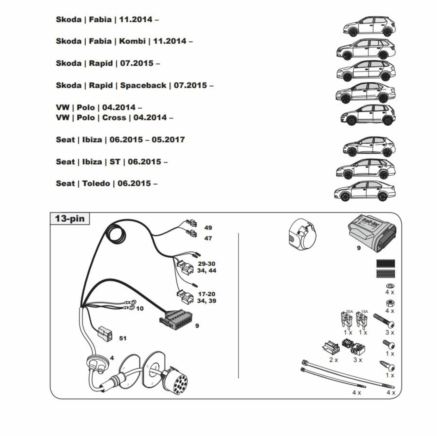 Штатная электрика для фаркопа с розеткой 13-pin, для Seat, Skoda, Volkswagen WYR361313R-T (Trail-Tec)