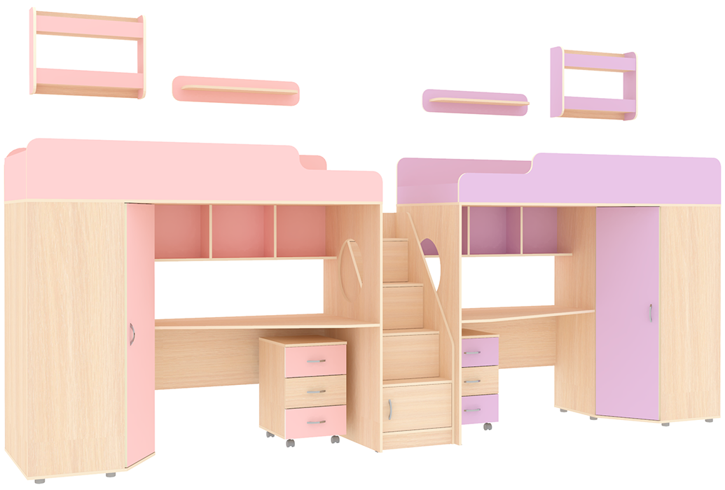 Детская стенка Л-№14 с полками 80х190 Дуб Молочный Ирис Розовый