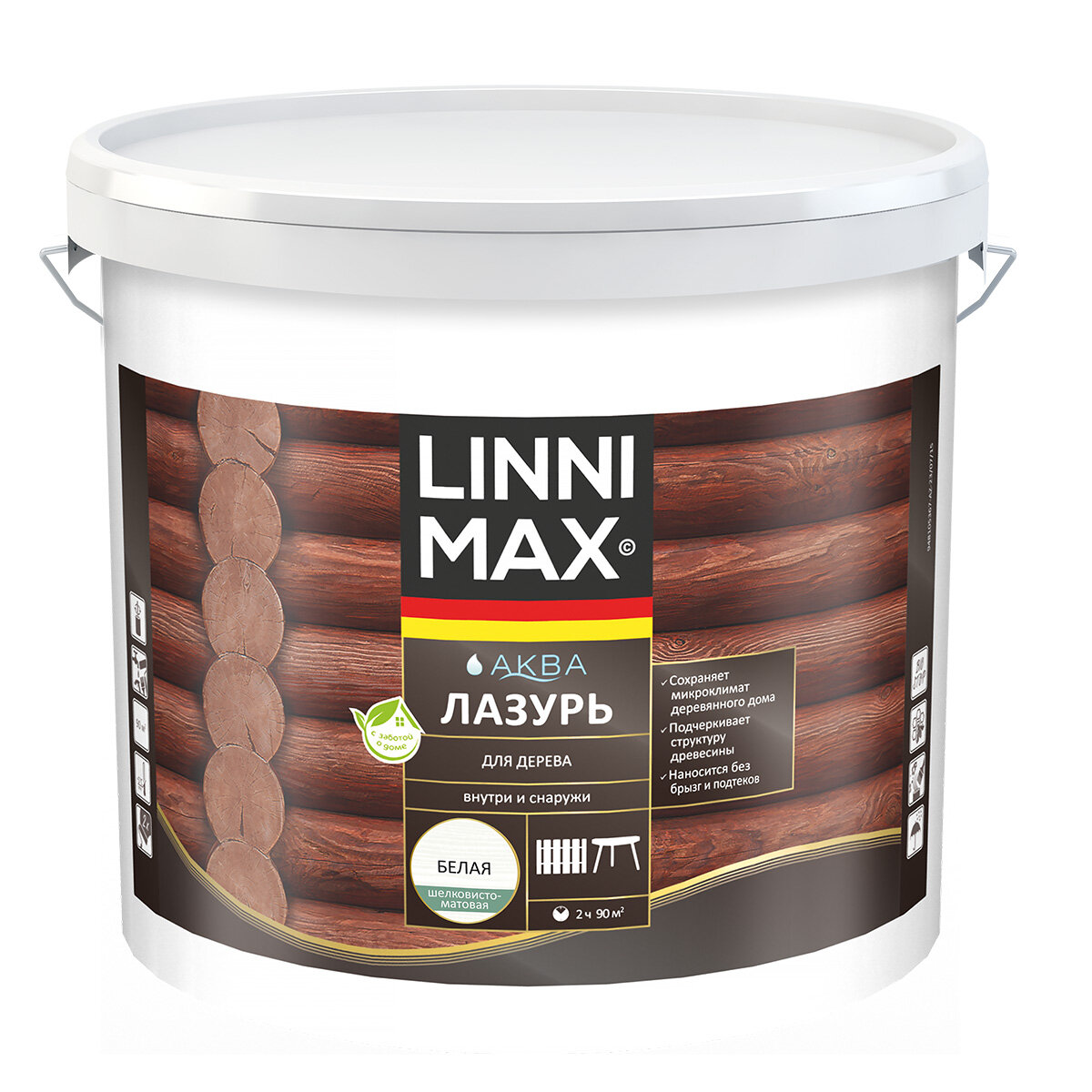 Лазурь деревозащитная Linnimax Аква, белая, шелковисто-матовая, объем 9 л 948105376