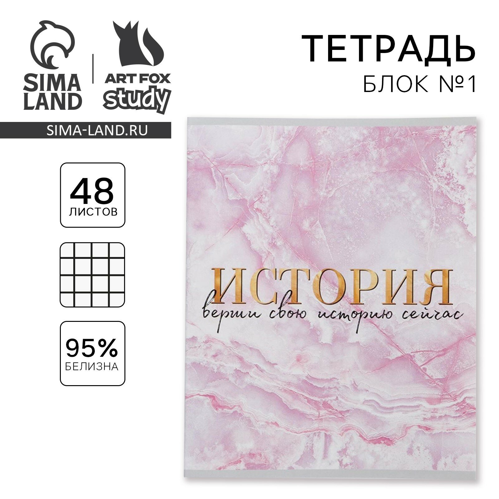 Тетрадь в клетку, предметная, 48 л, А5 «мрамор. История», на скрепке
