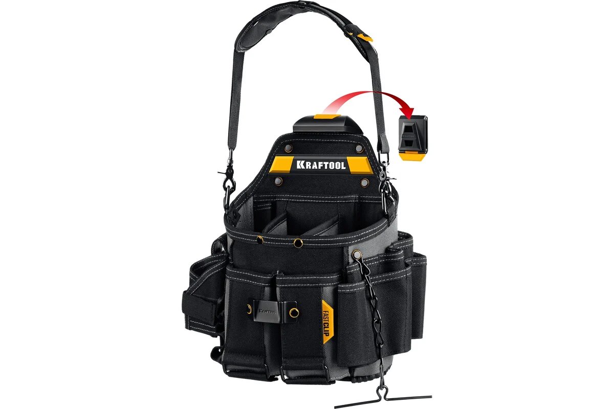 Поясная сумка 290x310 мм с быстросъёмным креплением FastClip KRAFTOOL KPB-23 плечевой ремень, 23 кармана и петли 38766