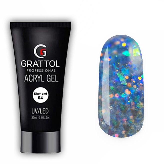 Grattol Acryl Gel Diamond 04 - Акрил-гель для наращивания и моделирования ногтей, Голубой с Глиттером, 30 мл