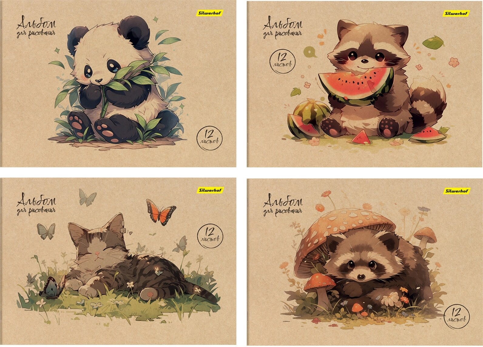 4630143149883 / Альбом для рисования Silwerhof Акварель на крафте A4, 12лист, 4 дизайна, картон,