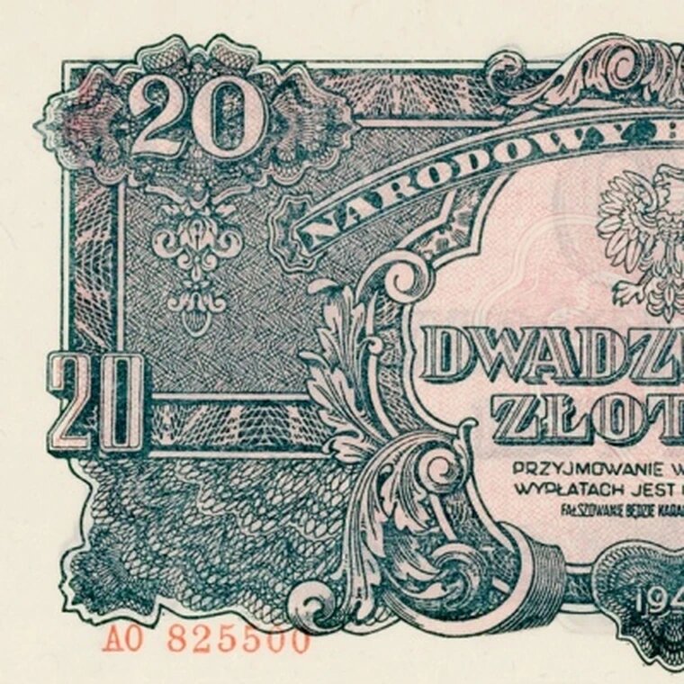 Польша 20 злотых 1944 года Народный Банк, сувенирная копия, банкноты и купюры редкие коллекционные