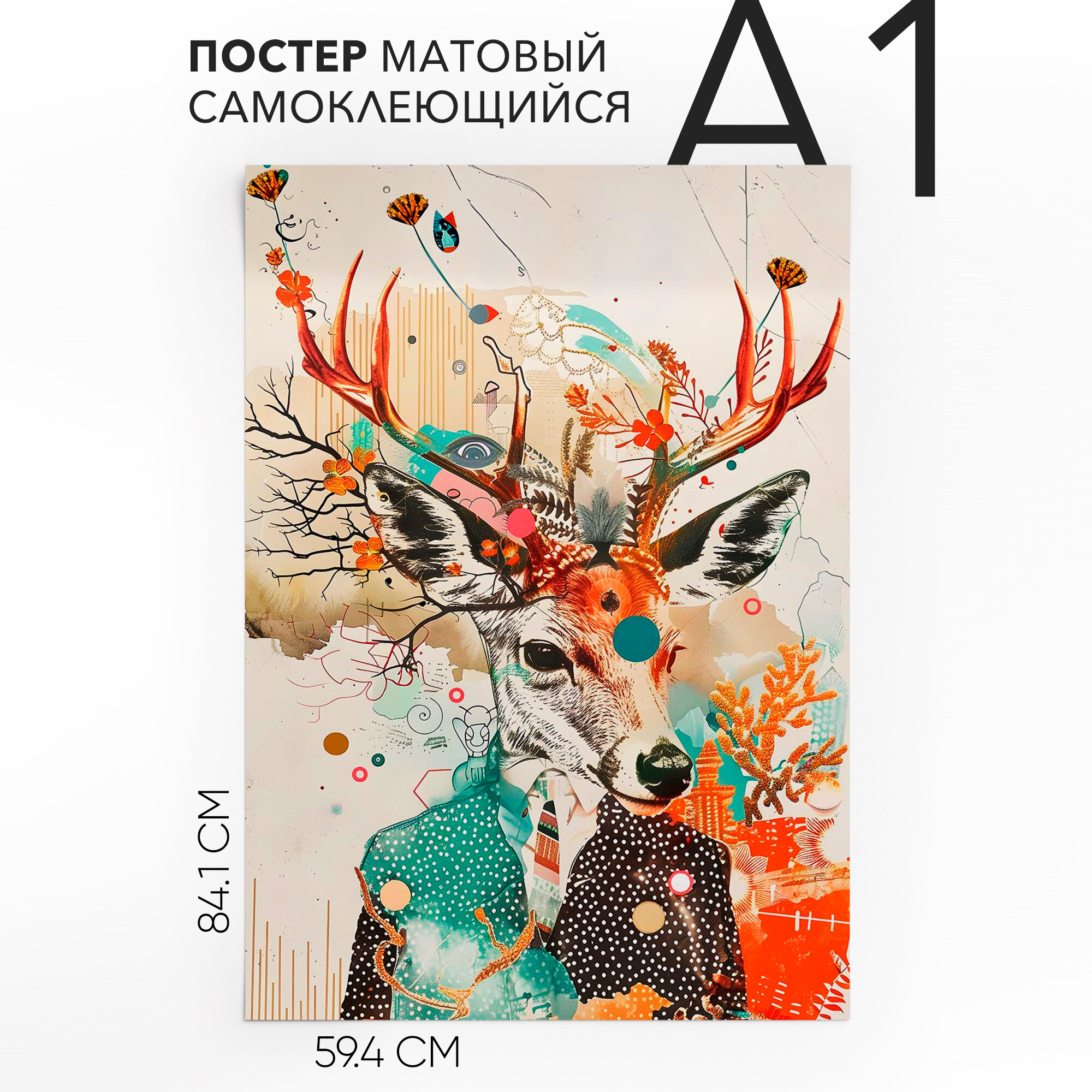 Постеры для интерьера самоклеящийся, большой A1 Олень, влагостойкий, для декора