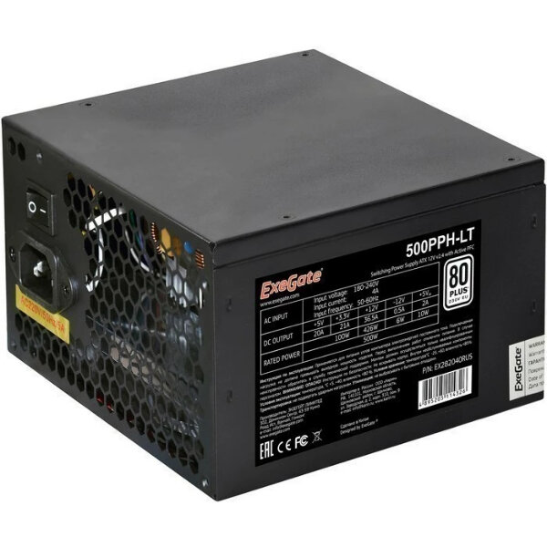 Блок питания ExeGate 500PPH-LT-S-OEM (EX282040RUS-OEM-S), 500Вт, 80 PLUS, 120мм, черный