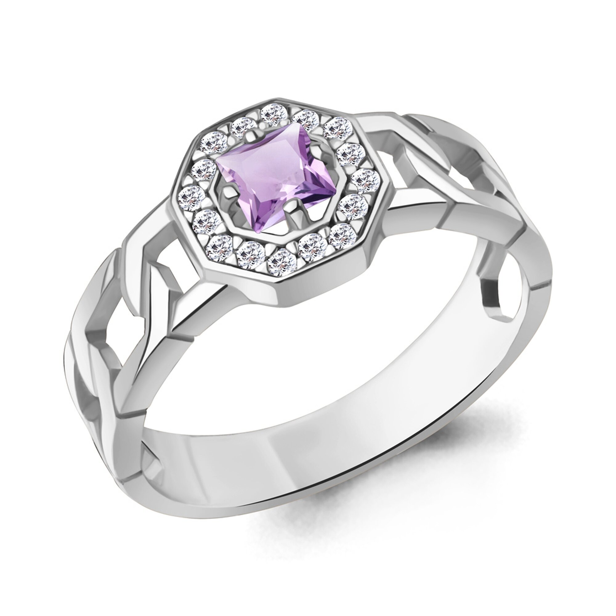 Кольцо, серебро, 925 проба, родирование, фианит, аметист