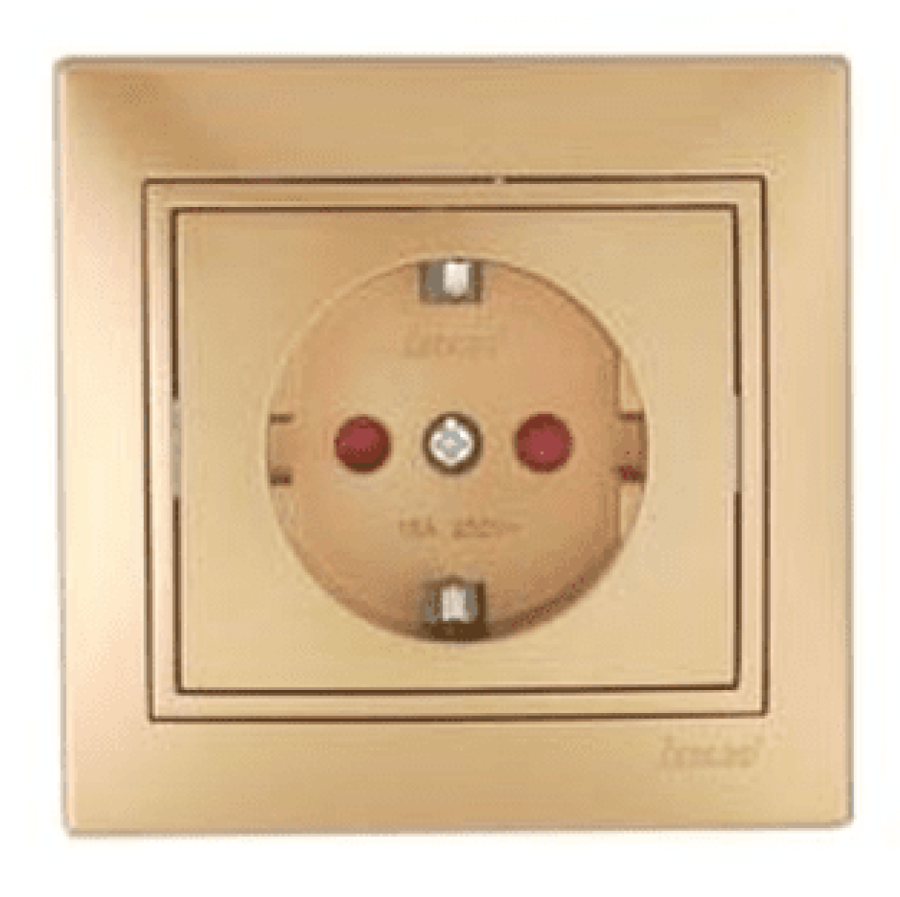 Розетка силовая штепсельная Lezard / Лезард Mira керамика, металлик золото, 1-местная с заземляющими контактами и шторками, (860364) 701-1313-124 / электрооборудование
