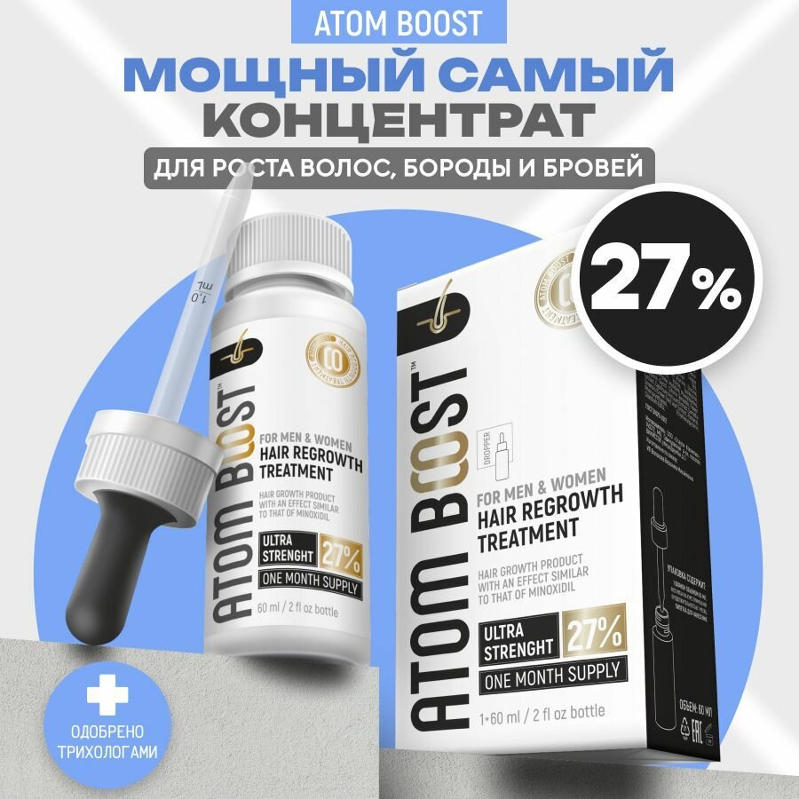 ATOM BOOST 27% Лосьон для роста волос и бороды / Усиленный концентрат - сыворотка от выпадения волос, от облысения / USA QUALITY