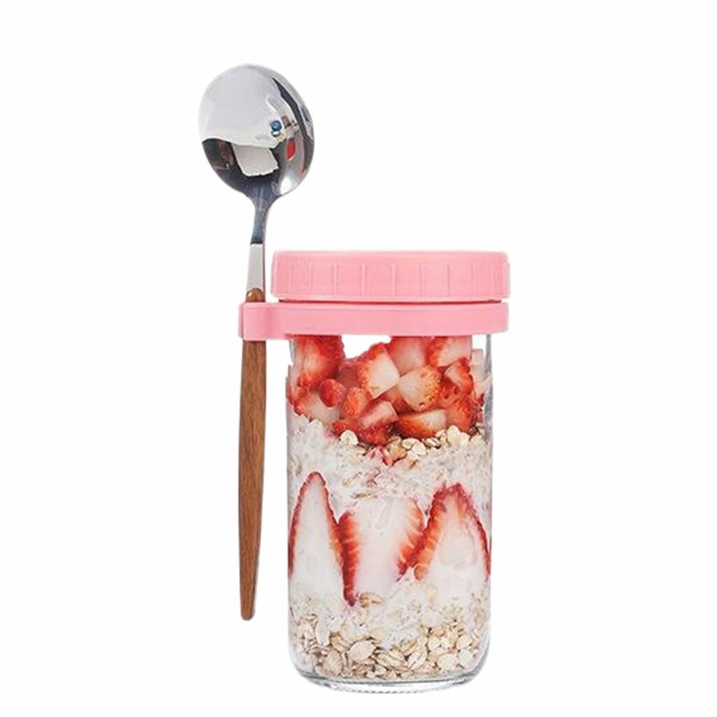 Чашка, Набор стаканов с ложками для овсянки на ночь - розовый фламинго - 600 мл, один набор