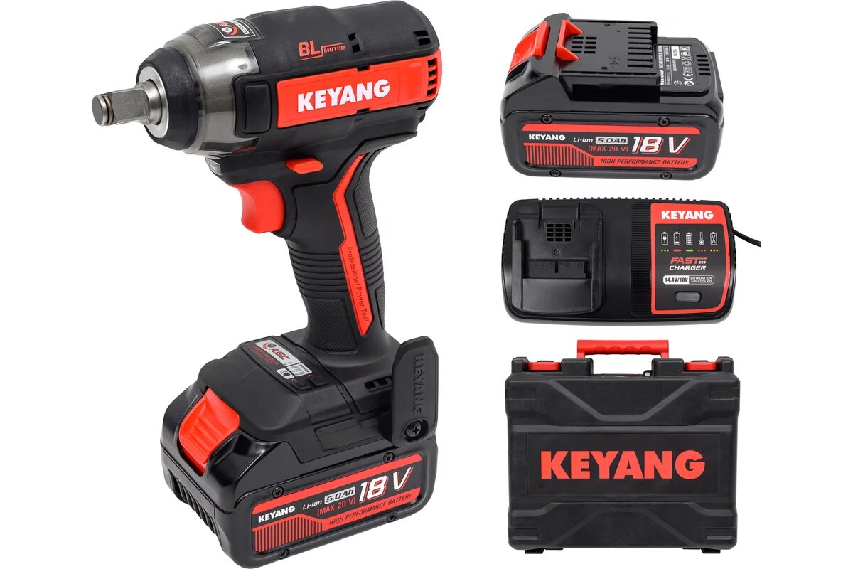 Гайковерт KEYANG "IW18BLA", бесщеточный, ударный, 2 аккумулятора в комплекте