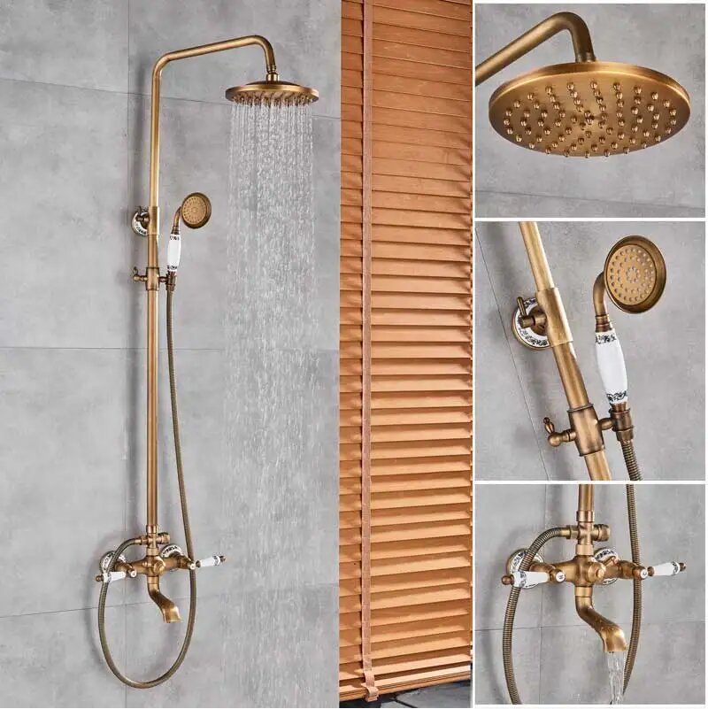 Роскошный душевой смеситель с двумя ручками 8 дюймовый дождевой душевой смеситель для ванной с ручным душем в настенной душевой системе колонка для ванны и душа — антикварный душевой набор