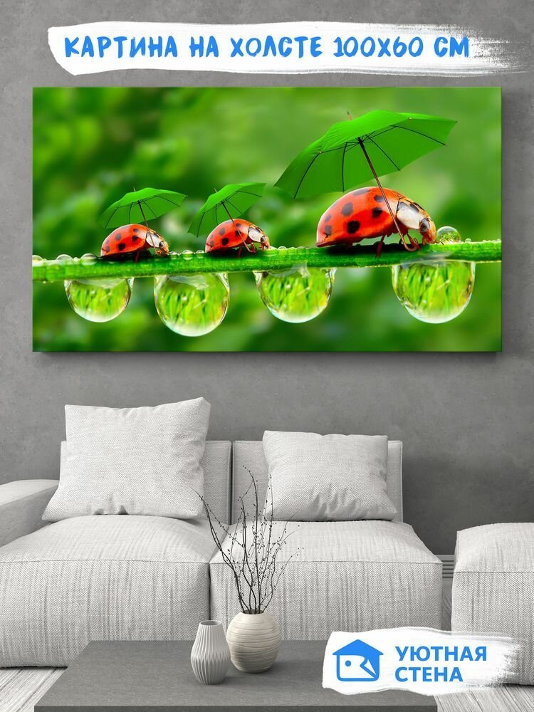 Картина на натуральном холсте Уютная стена "Божьи коровки под зонтиками" 100х60 см