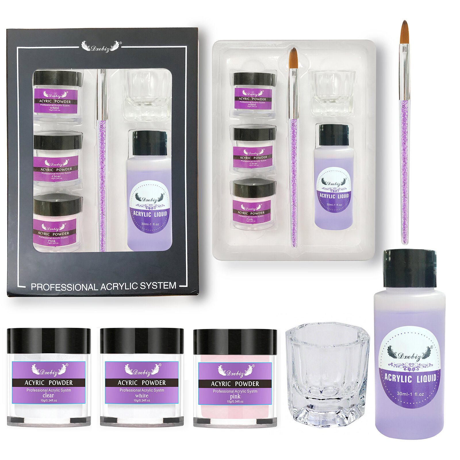 Набор для акриловых ногтей с порошком и жидкостью, кистью для ногтей, 3 цвета порошка для новичков, инструменты для дизайна ногтей DIY, материалы для маникюра, 3 бутылки акрилового порошка (прозрачный, белый, розовый), 1 бутылка жидкости, 1 чашка, размер