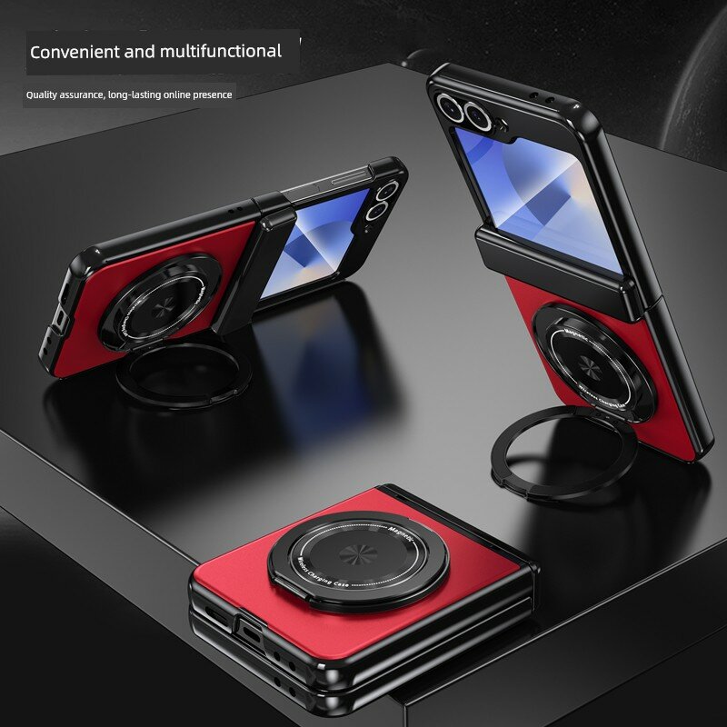 Защитный чехол для Galaxy Z Flip 6 с кольцевым держателем и закаленным стеклом, красный