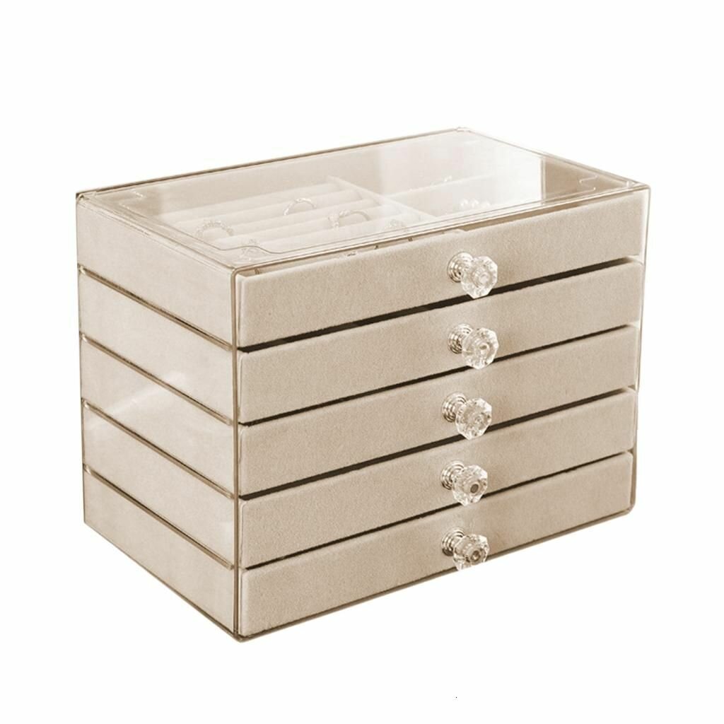 Многофункциональный 5-уровневый футляр для украшений с бархатными отделениями для дома, Бежевый