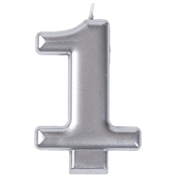 Свеча-цифра КНР "1" Серебряная 8 см, парафин, пластмасса