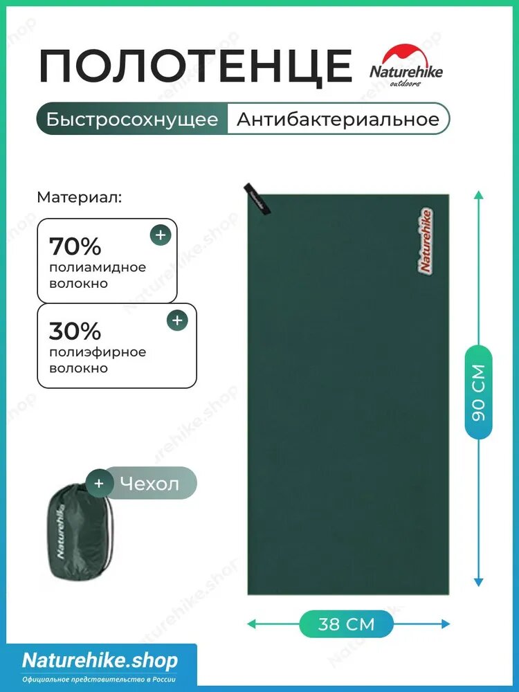 Полотенце Naturehike быстросохнущее антибактериальное спортивное из полиамидного и полиэфирного волокна 90x38 см с чехлом