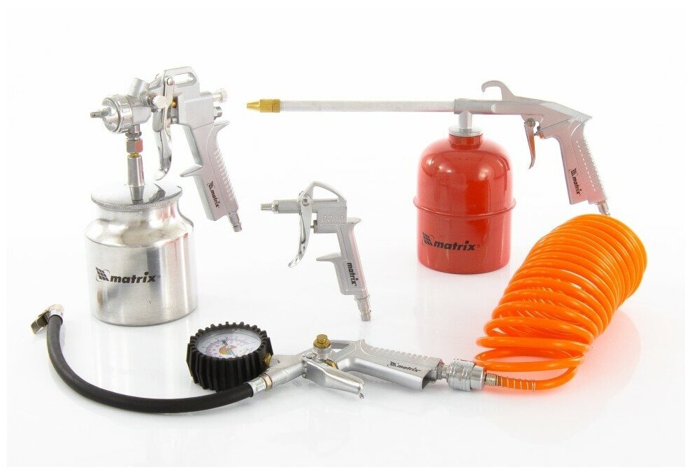 Набор пневмоинструмента, 5 предметов, быстросъемное соединение, краскораспылитель с верхним бачком Matrix, арт. 57302