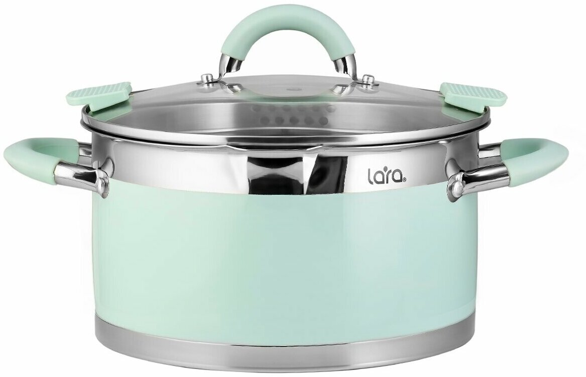 Кастрюля 2,4л LARA MINT нерж, капс. индукц. дно, носик, крышка с бортом 18*10см LR02-541