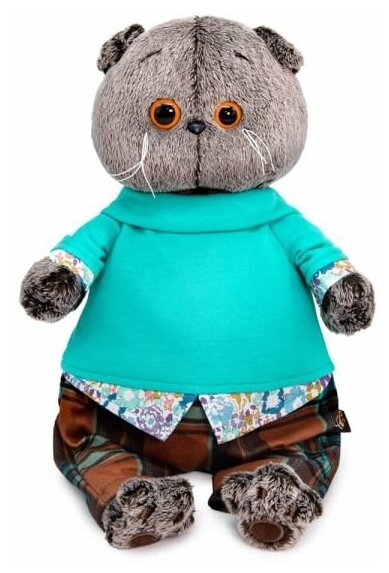 Мягкая игрушка Буди Баса Budi Basa Кот Басик в штанах в клетку, 19 см, Ks19-187 светло-серый