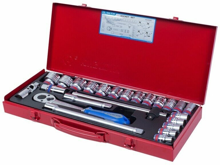Набор торцевых головок с принадлежностями 1/2", двенадцатигранные, 3/8"-1,1/4", 24 предмета KING TONY 4028SR