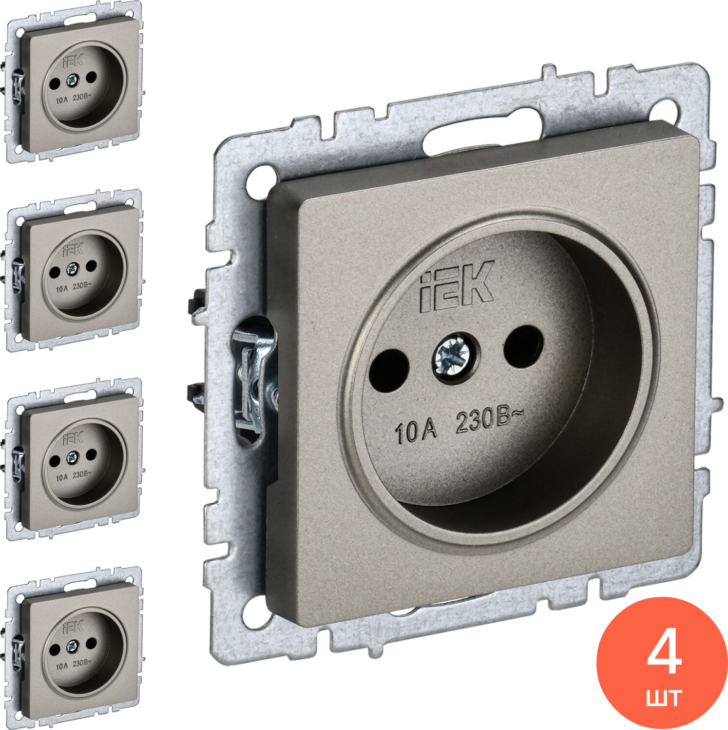 Розетка силовая штепсельная IEK / ИЭК Brite РС10-1-0-БрШ, 10А шампань без заземления без защитных шторок, BR-R10-10-K37 / электрооборудование (комплект из 4 шт)