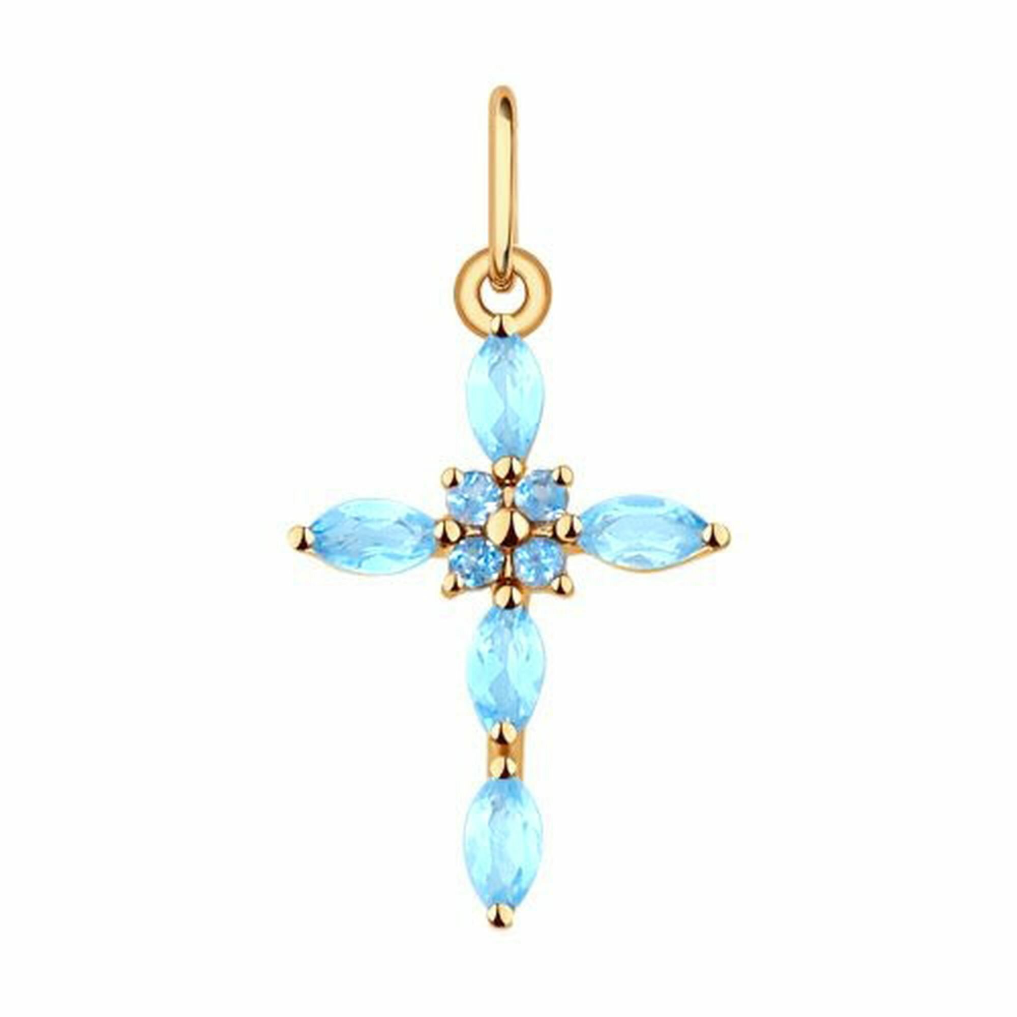 Крестик, красное золото, 585 проба, топаз, фианит