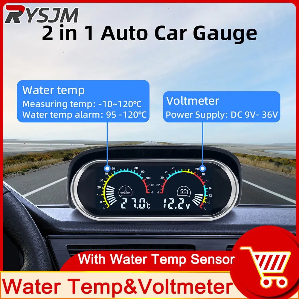 Датчик температуры воды + датчик температуры 10 мм 2 в 1 ЖК-дисплей для автомобилей, грузовиков, вольтметр, цифровой горизонтальный 12 В, 24 В, аксессуары