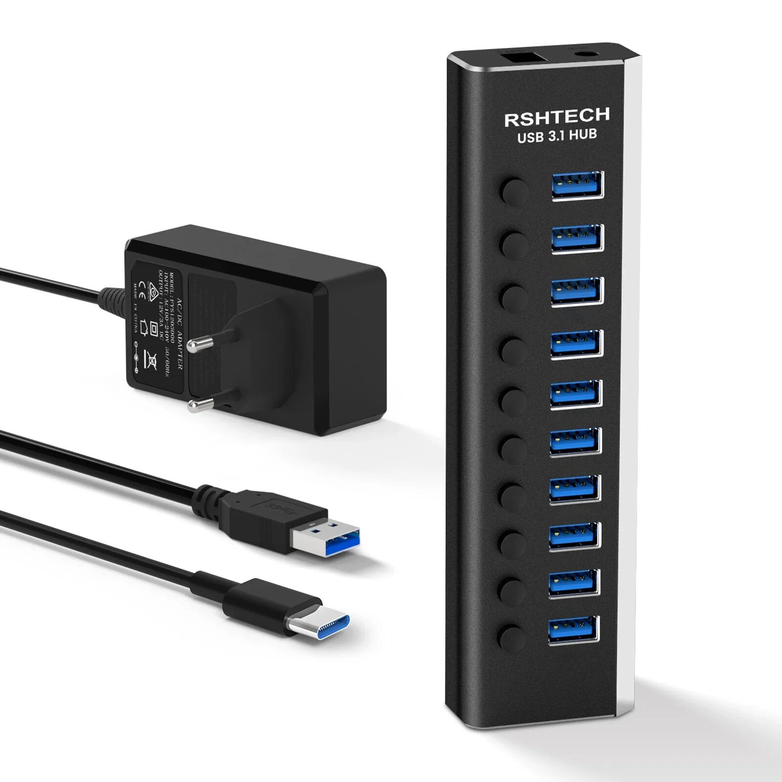 RSHTECH USB-концентратор, 10-портовый расширитель USB 3.2 Gen 2, 10 Гбит/с, 36 Вт, 12 В/3 А, адаптер питания, алюминиевые концентраторы USB C, разветвитель для ноутбука, ПК
