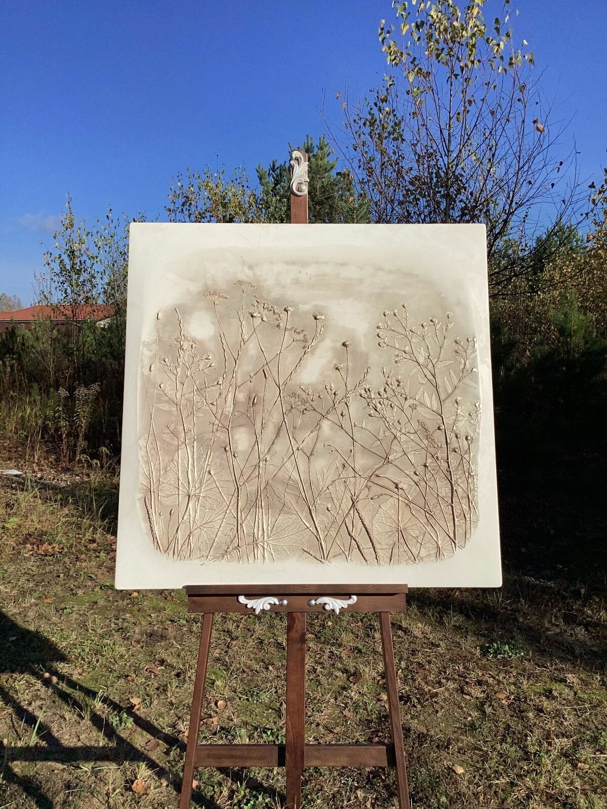 Панно из гипса, декор на стену, украшение интерьера, ботанический барельеф, Картина "Солнечное настроение", ручной работы, 79х78х1 см