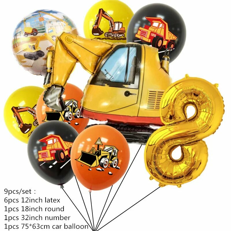 9 шт, латексные шары для строительной машины, экскаватор, кран, воздушные шары с номером для мальчиков, украшения для дня рождения, подарки Sup