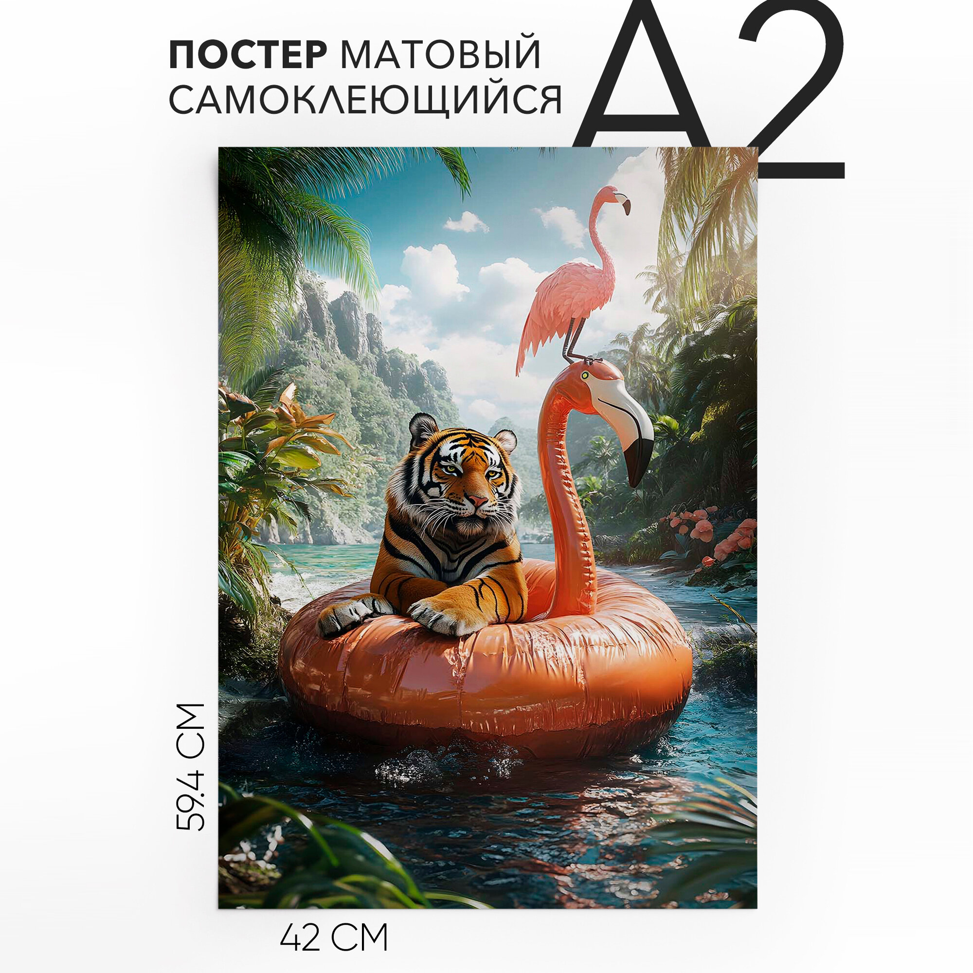 Постер на стену самоклеящийся, большой A2 Тигр и фламинго, влагостойкий, для декора