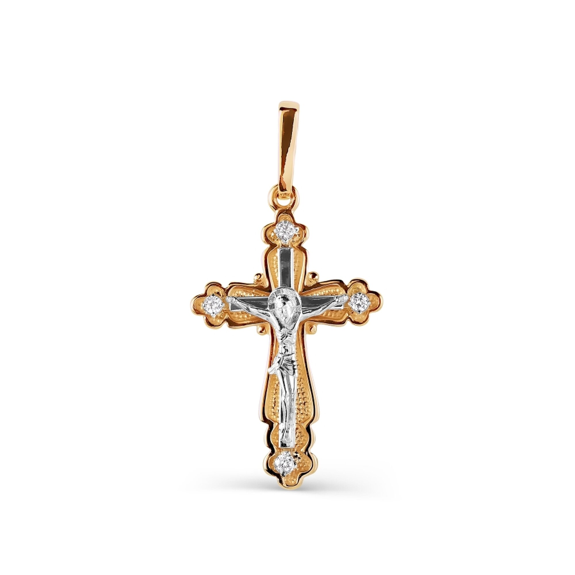 Крестик, красное золото, 585 проба, фианит
