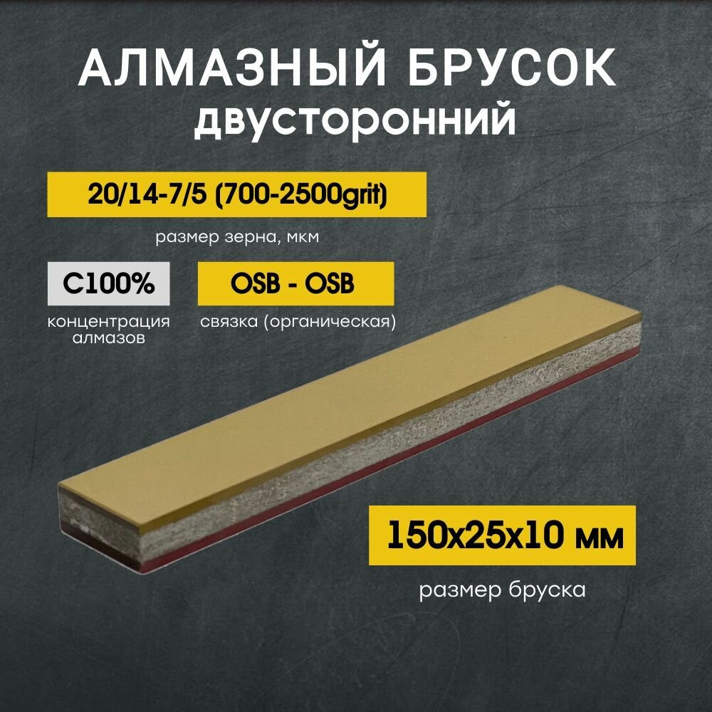 Алмазный 2-х сторонний брусок VID 150x25мм С100% 20/14-7/5 OSB/OSB (700-2500grit)
