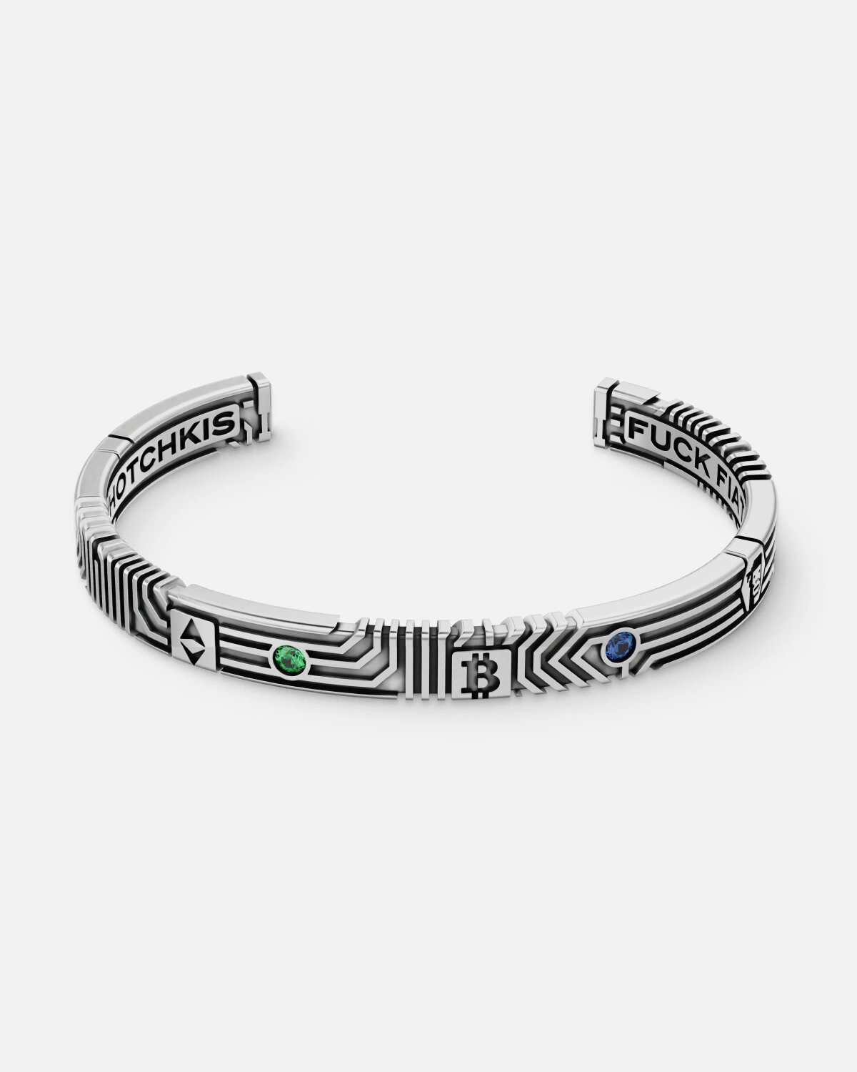 Жесткий браслет, серебро, 925 проба, чернение, сапфир, изумруд