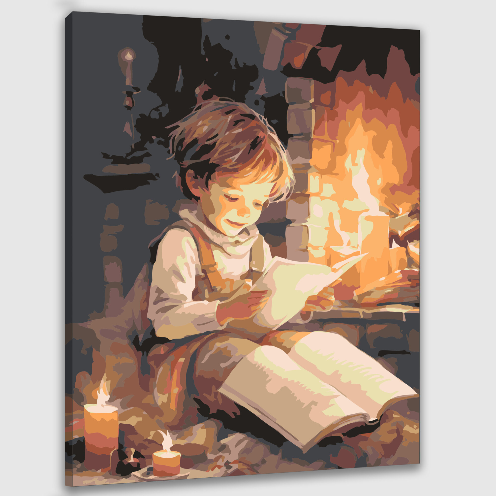 Картина по номерам 40x50 см, акварельная иллюстрация, ребенок, камин, Рождество, чтение, сборник рассказов, сказки