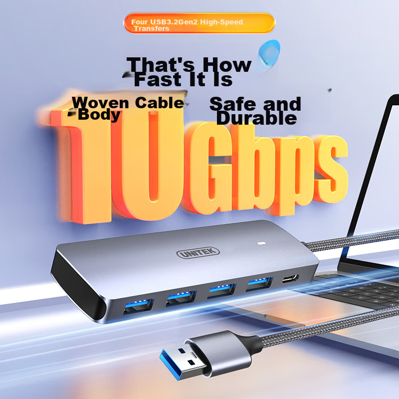 Youyuezhe USB3.2 Hub, 10G Expansion Dock Gen2, High-Speed 4-Port Hub, with Type-C Power Port, for Laptops And Desktop Computers, One-To 0.3 Meters