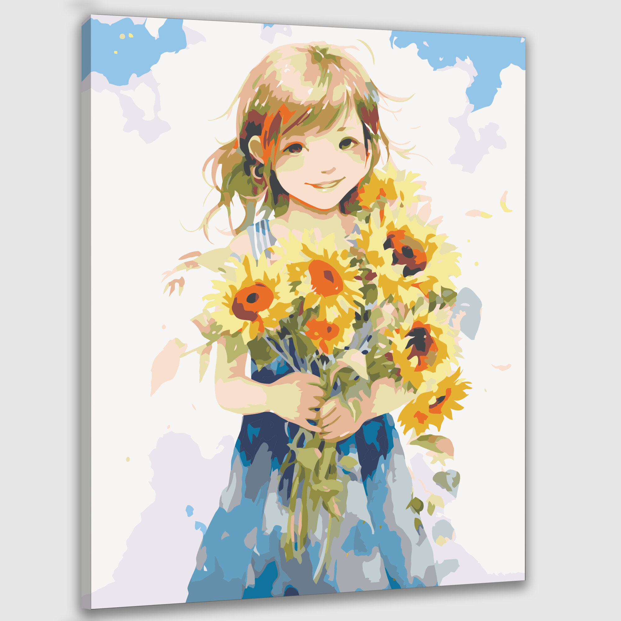 Картина по номерам 40x50 см, девушка, акварельная иллюстрация, цветастое платье, букет подсолнухов, ярко-голубое небо