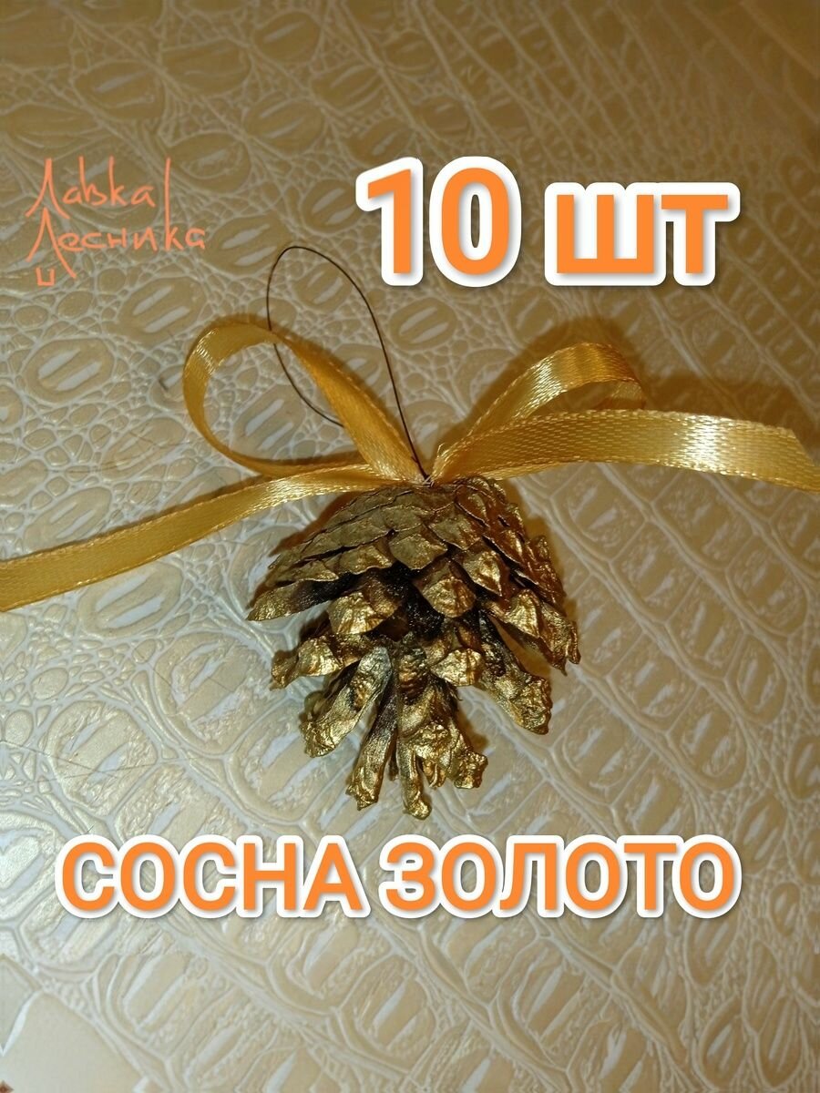 Набор украшений Шишки Сосны Золотые крупные отборные 10шт с бантиком