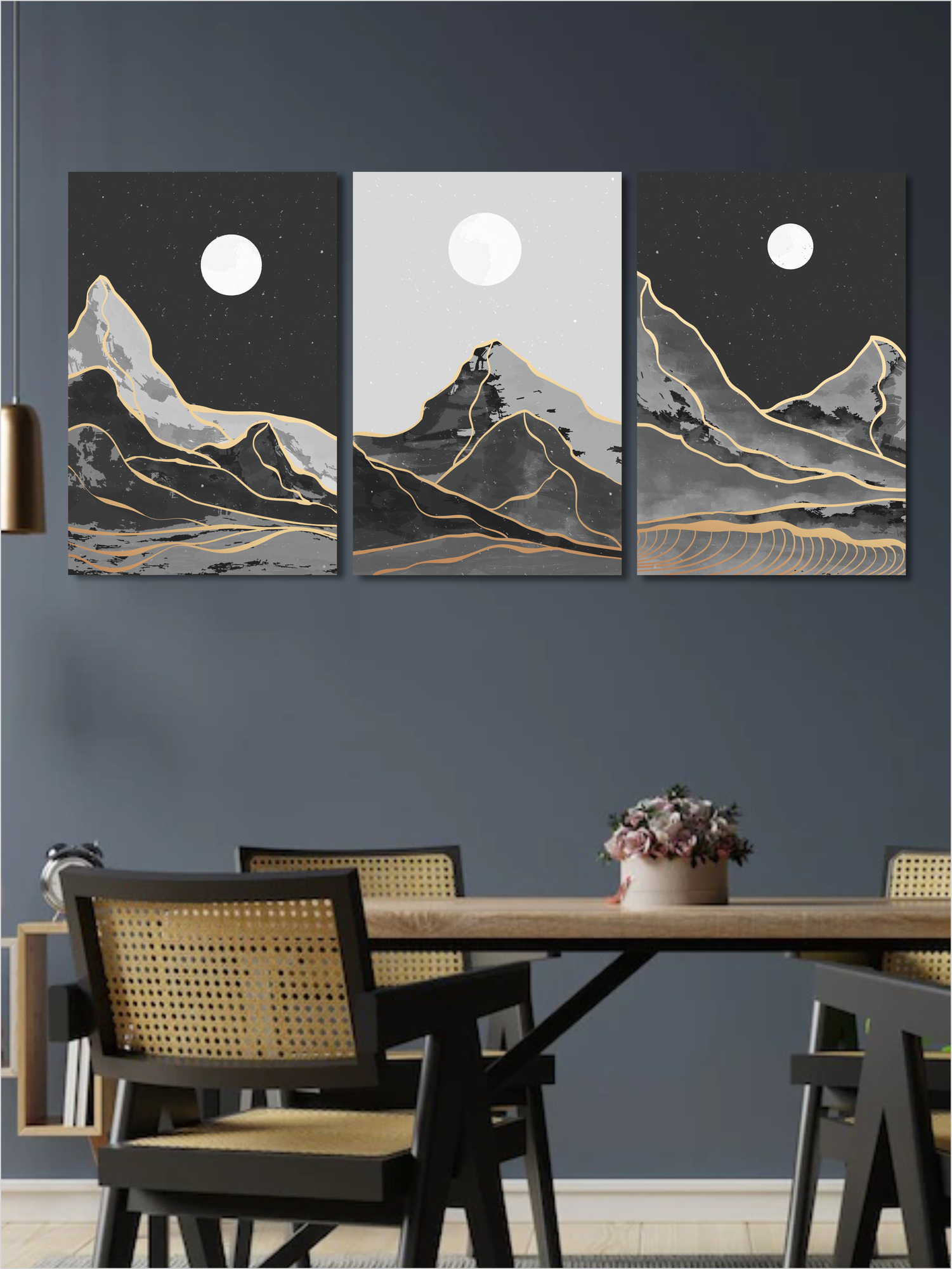 Модульная картина для интерьера на стену минимализм. Ночь в горах, чёрно-белый пейзаж 40х60 см - 3 штуки на холсте на подрамнике
