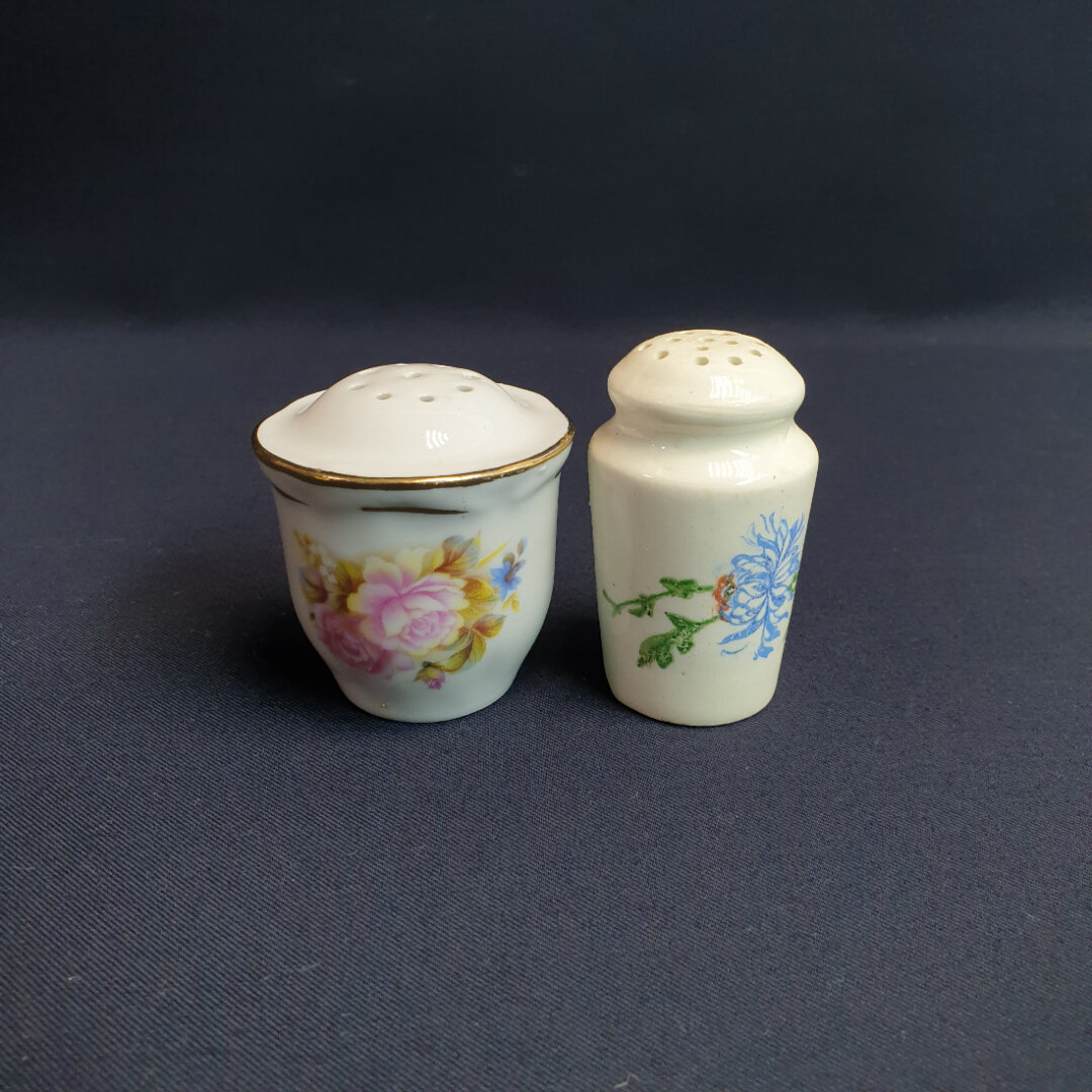 Набор из 2 баночек для специй, фарфор и фаянс деколь позолота, винтаж СССР