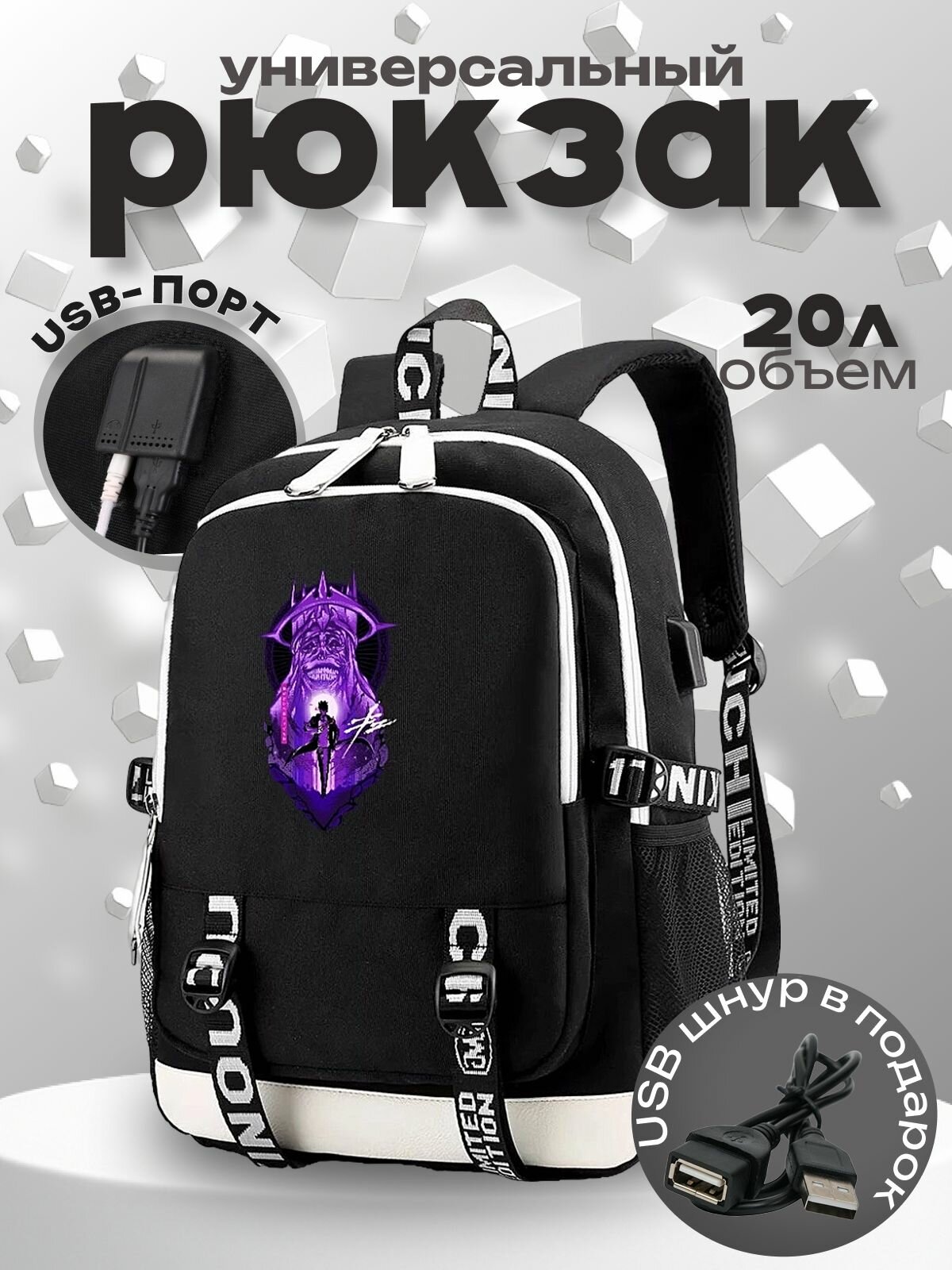 Рюкзак Поднятие уровня в одиночку (Solo Leveling) черный с USB-портом №1