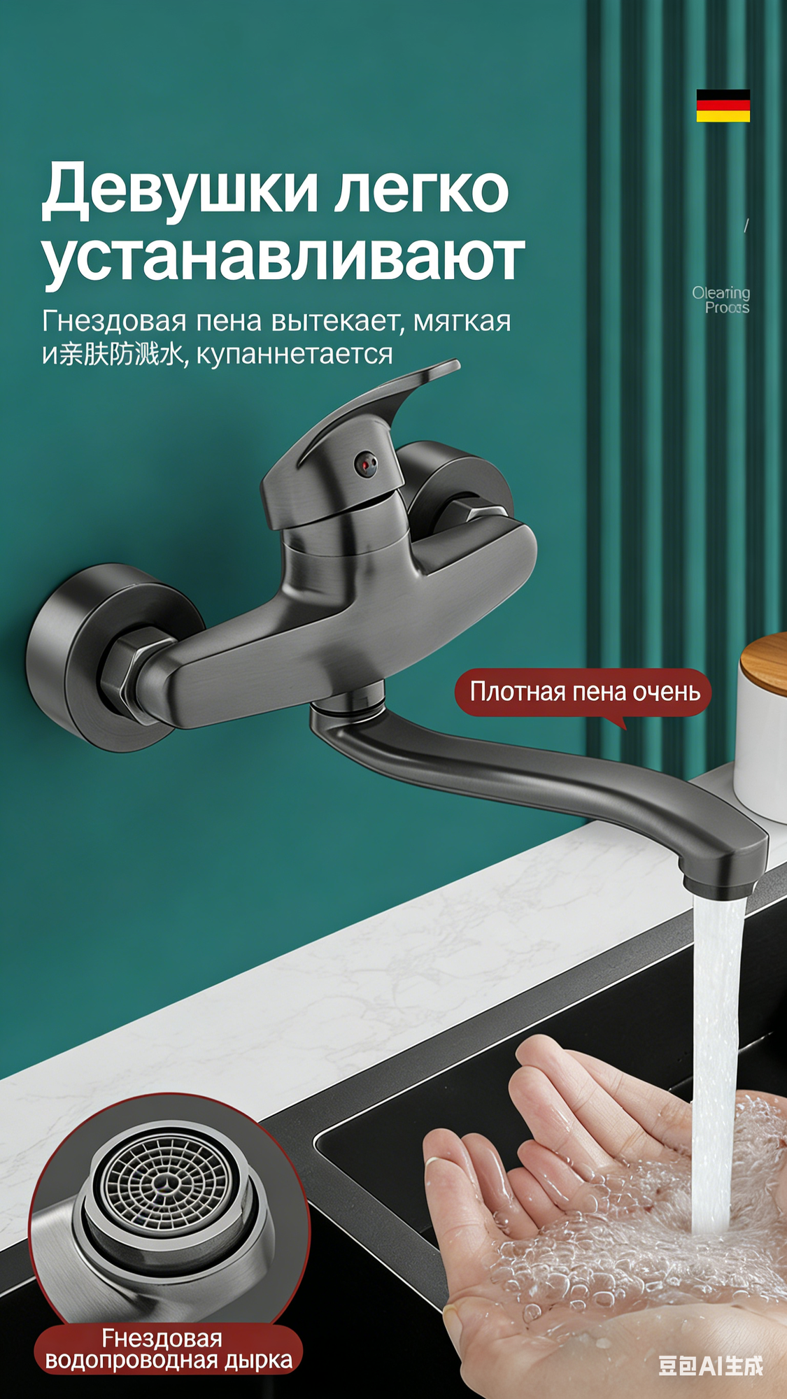 Медный встроенный в стену смеситель для горячей и холодной воды на столе для стирки