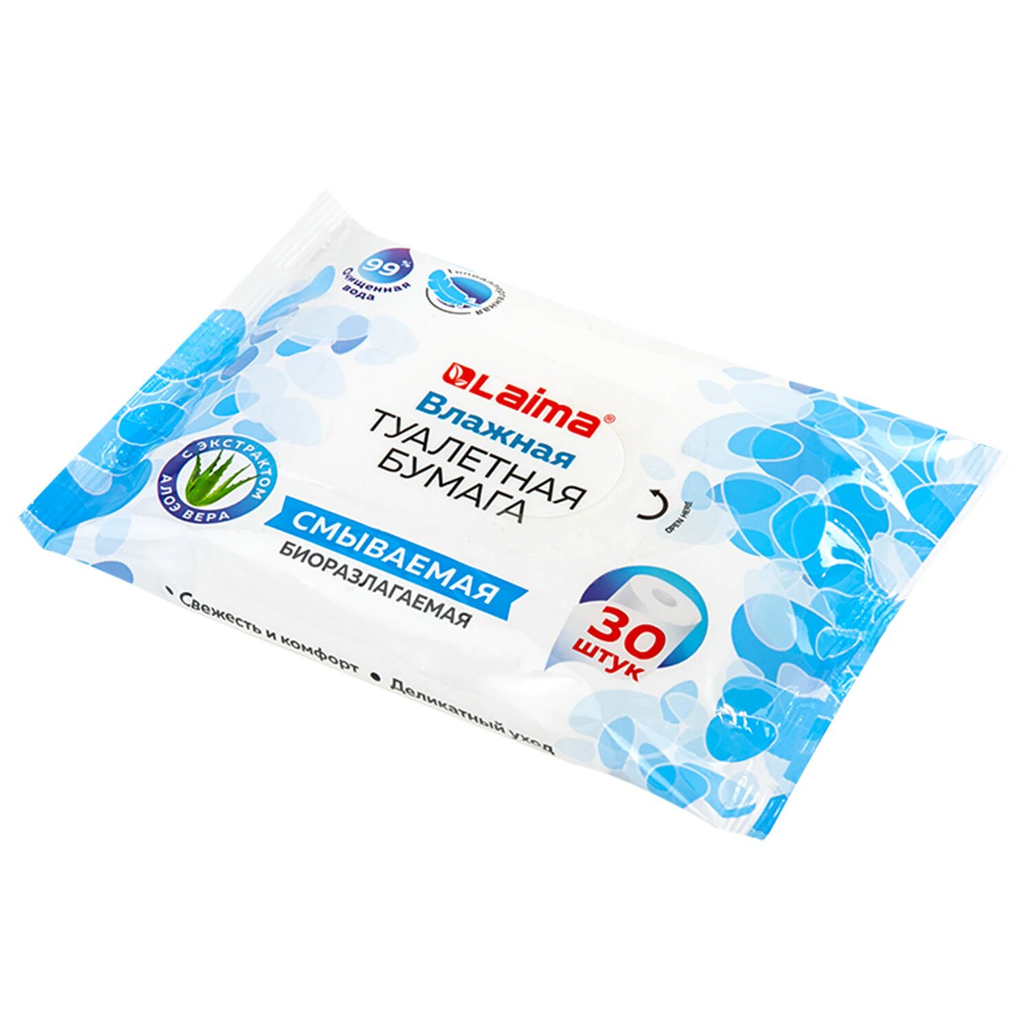 Бумага туалетная влажная 30 шт, Биоразлагаемая, смываемая, с экстрактом алоэ вера, LAIMA, 128082, 4шт.