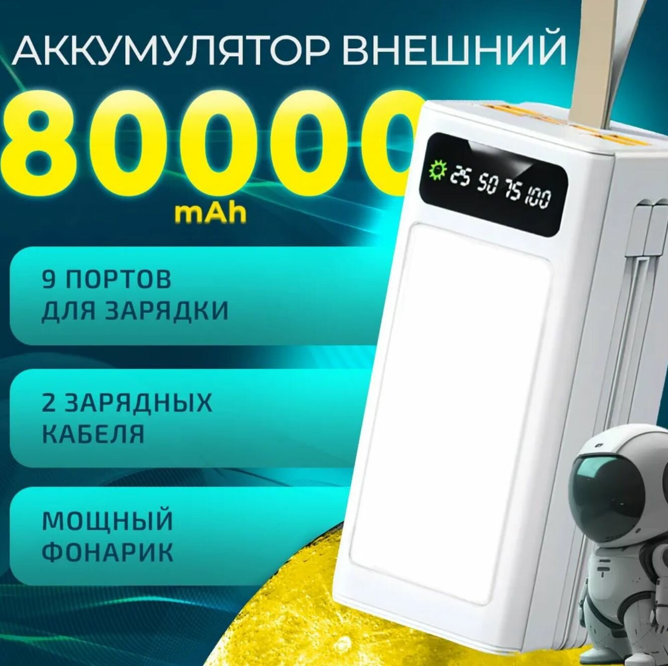 Повербанк 80000mAh с фонарём пауэрбанк power bank павербанк белый