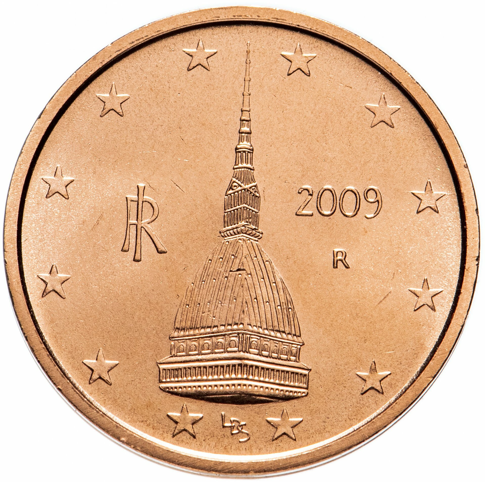 Италия 2 евроцента cents 2009, Сталь, в сохранности UNC