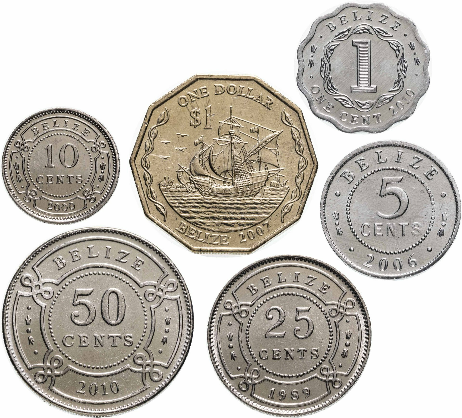 Белиз набор 6 монет - 1, 5, 10, 25, 50 центов, 1 доллар 1989 - 2010 Елизавета 2, Различные сплавы, в сохранности UNC