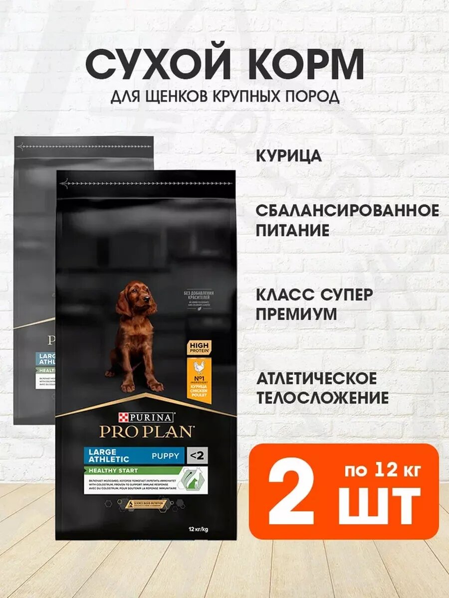 Корм сухой Pro Plan Healthy Start Puppy Large Athletic для щенков крупных пород с атлетическим телосложением, курица, 12 кг 2 шт